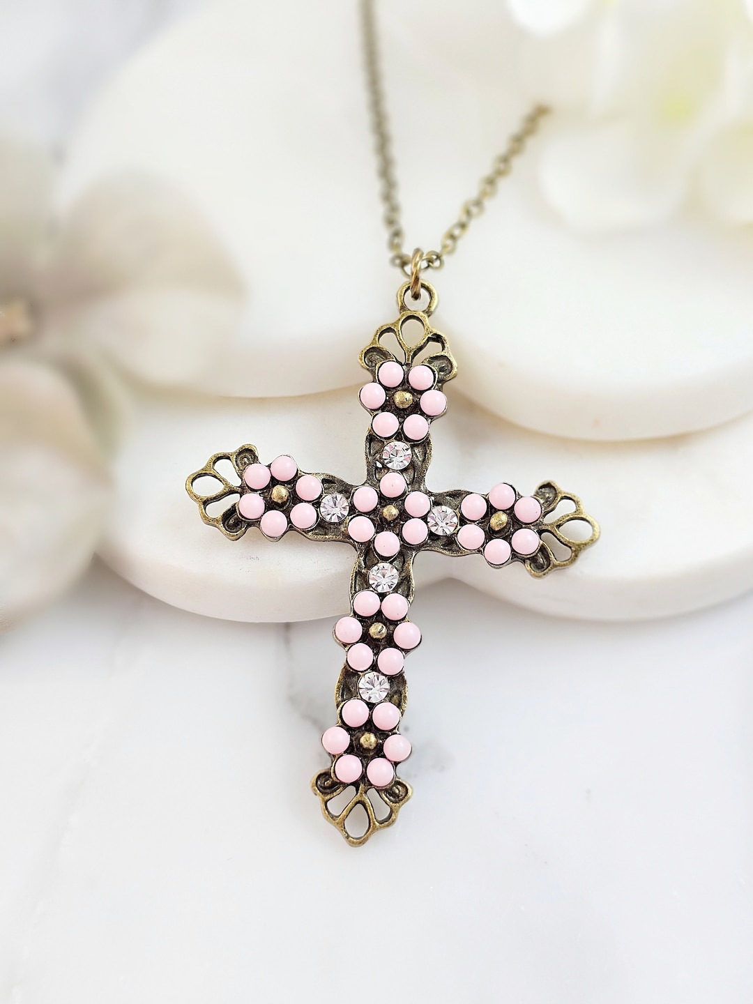 GEMSTONE CROSS NECKLACE Large Boho Silver Christian Jewelry Choose ...
