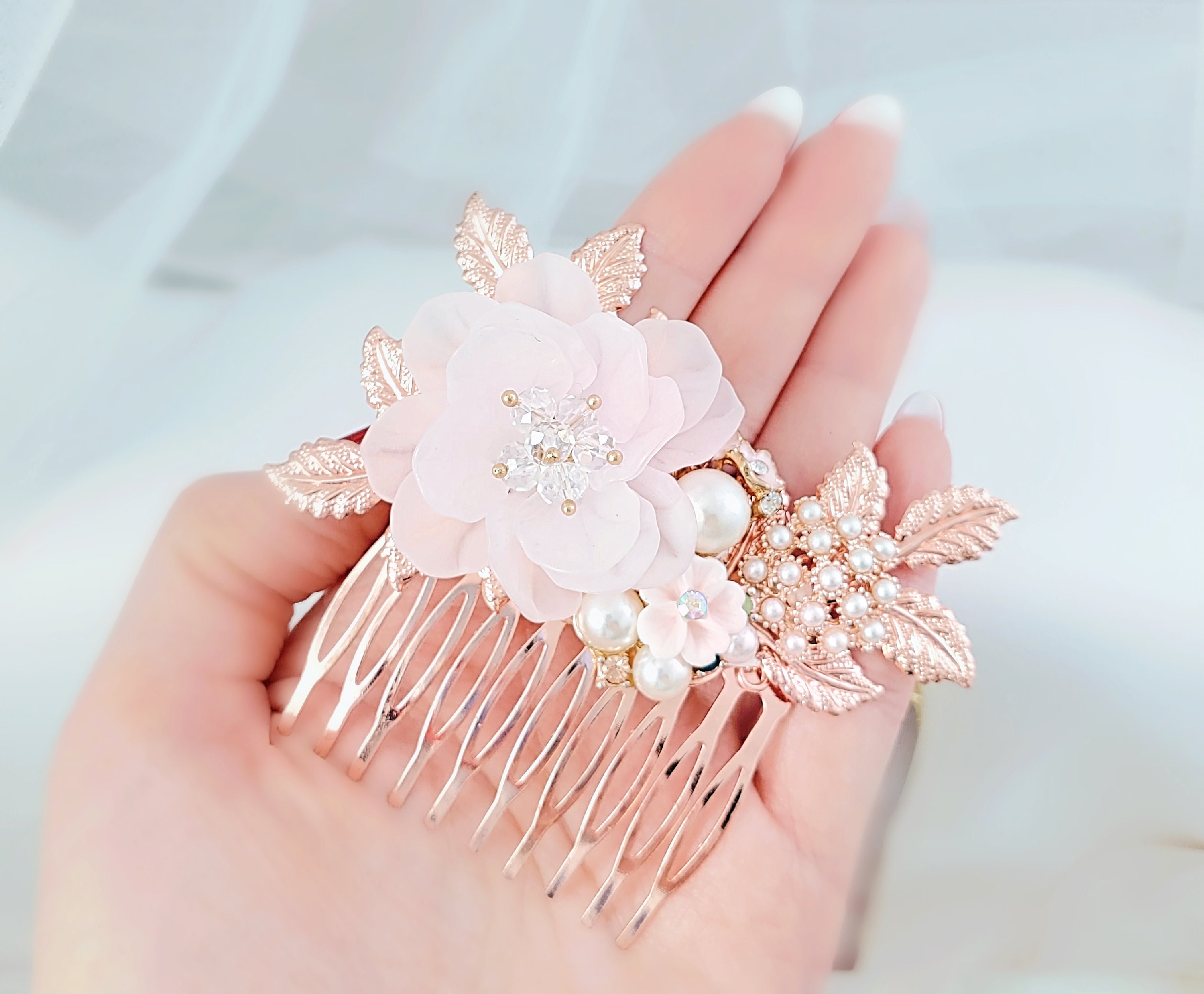 Pale Pink Flower Hair Comb Rose Gold Wedding Hair Floral Haircomb ...