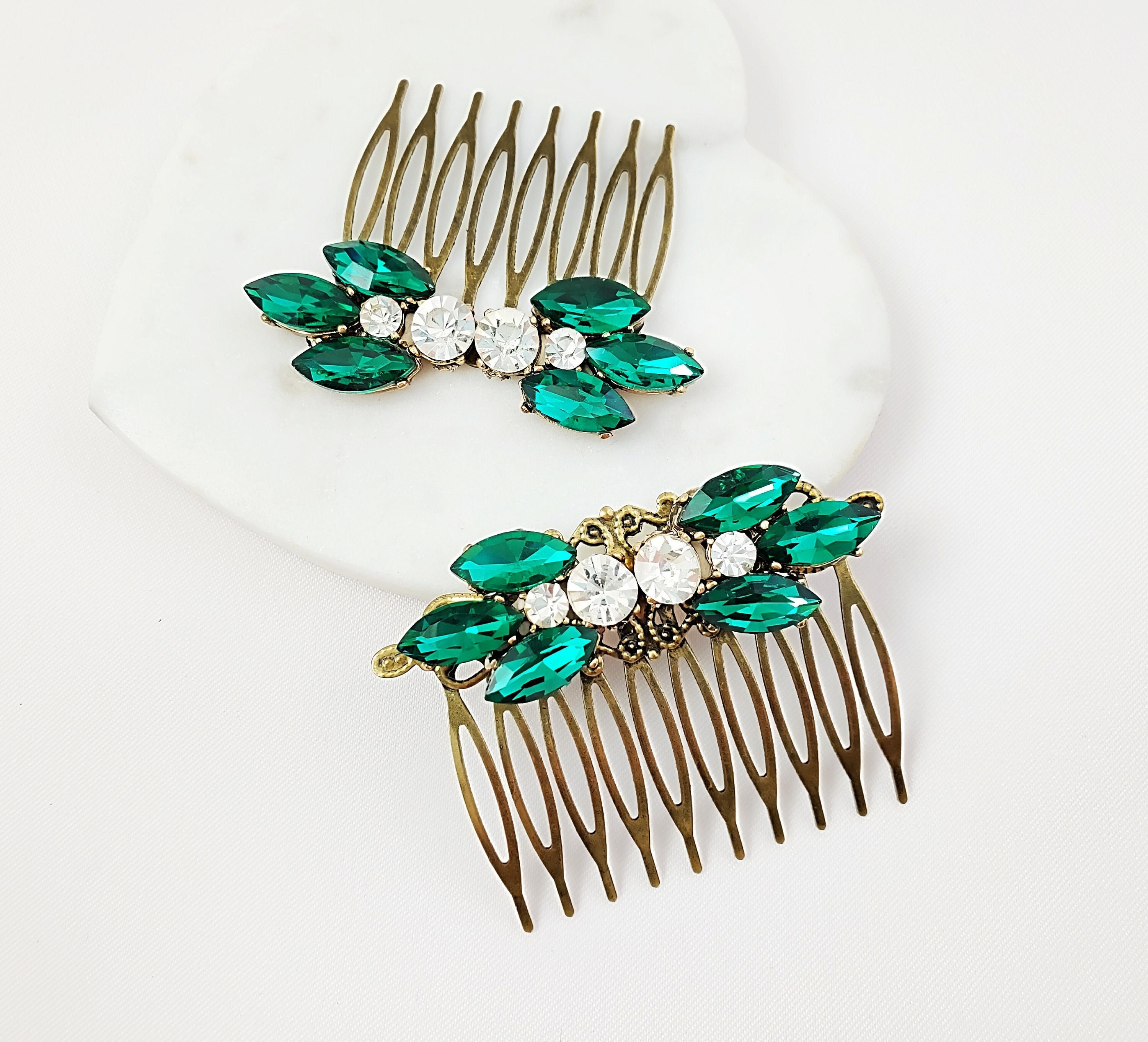 NEW Emerald and Diamond Hair Comb, Vintage Dark Green and Clear Crystal ...