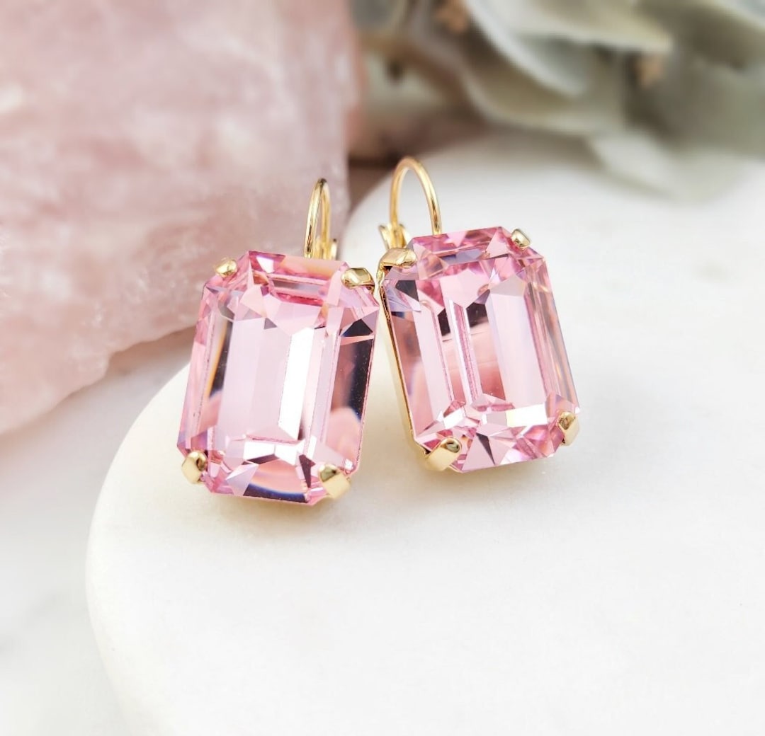 PINK CRYSTAL EARRINGS Gold Rose Rectangle Baguette Stones, Big Pink ...