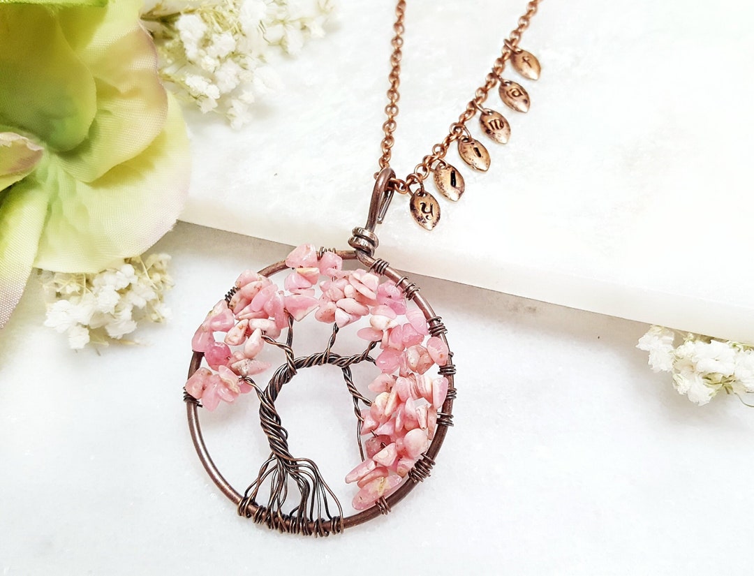 PINK FAMILY TREE Necklace Stamped Relative's Initials, Cherry Blossom ...