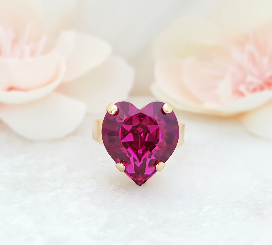 Hot Pink Ring GOLD FUCHSIA CRYSTAL Heart Ring, Purple Tourmaline Chunky ...