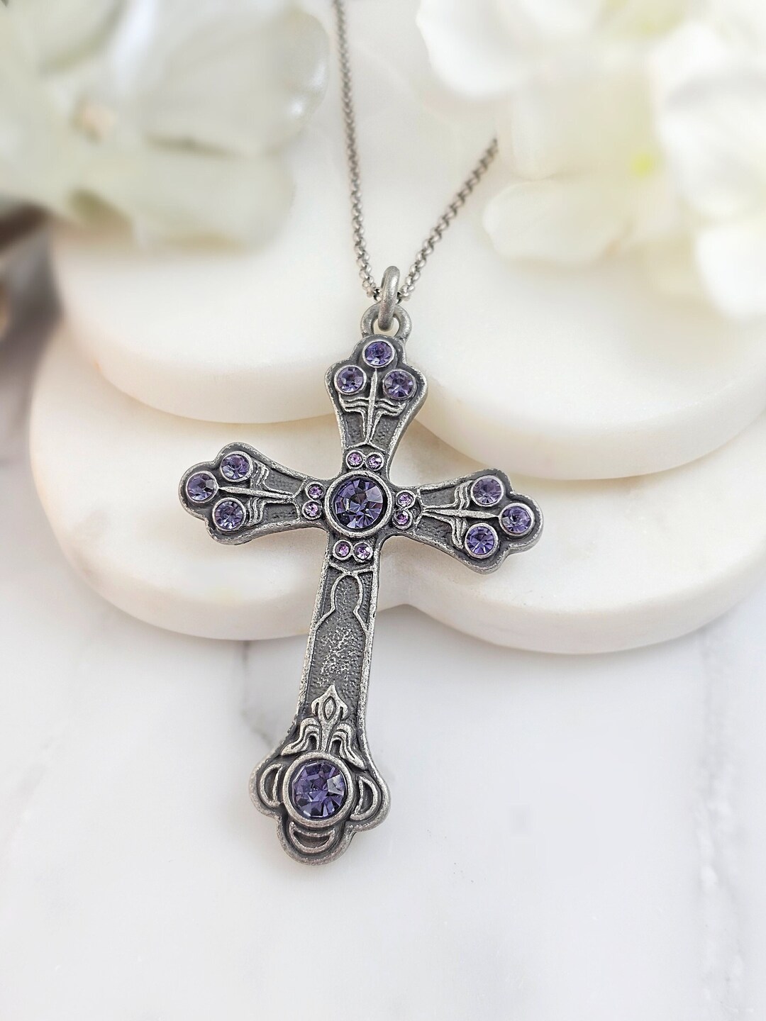 GEMSTONE CROSS NECKLACE Large Boho Silver Christian Jewelry - Etsy