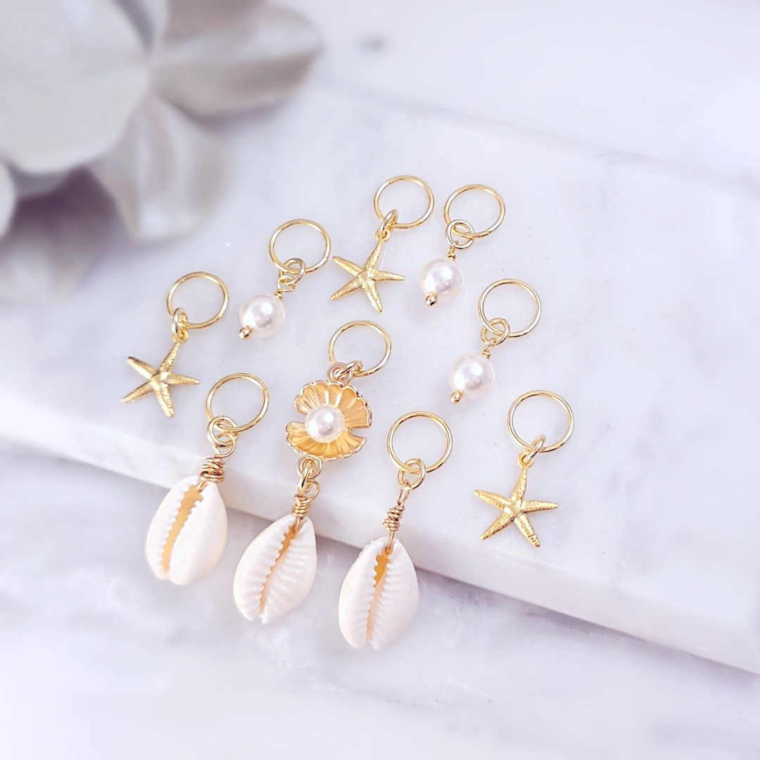 Sea Shell & Pearl HAIR RINGS Gold Hair Charms Ocean Beach Braid Jewelry ...
