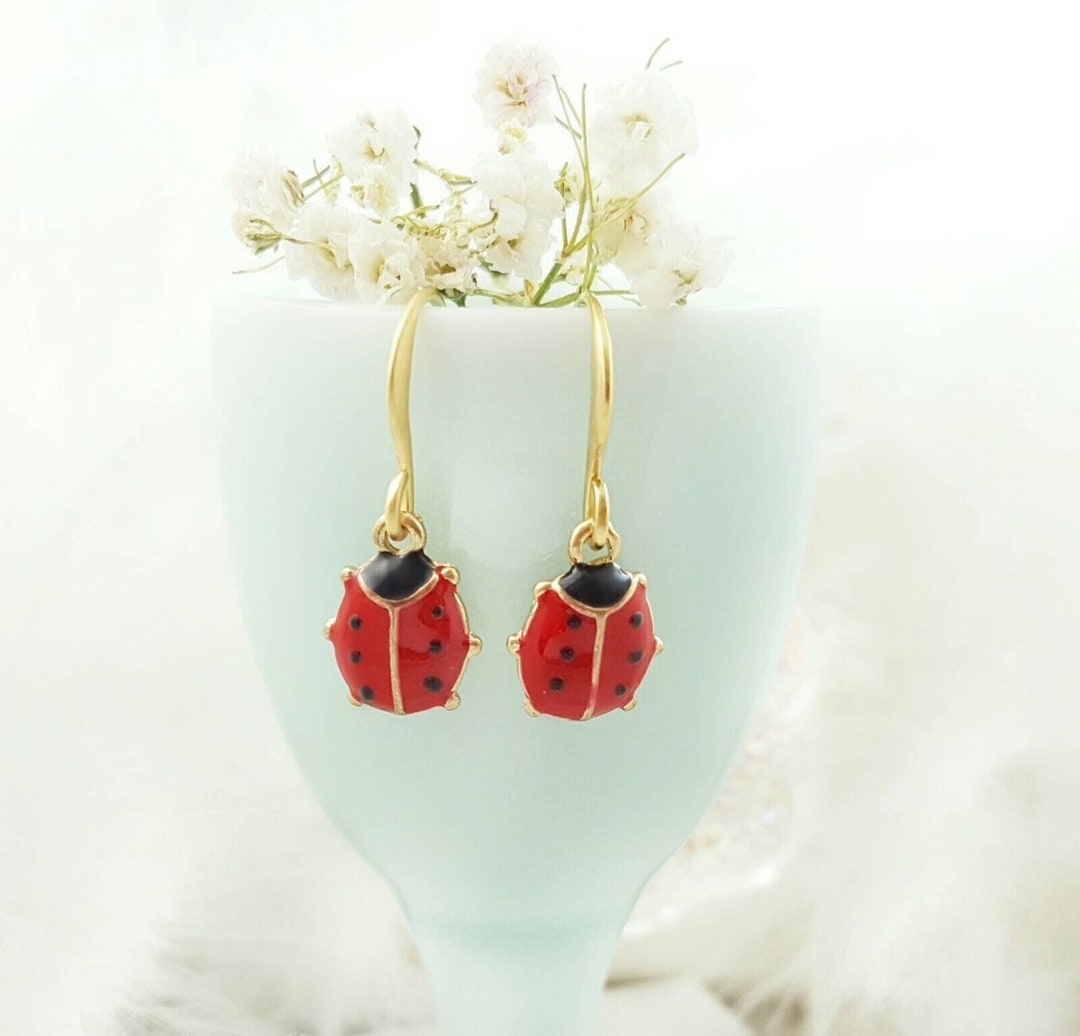 RED LADYBUG EARRINGS, Adorable Gold Insect Charm Hoops, Red Lady Bug ...