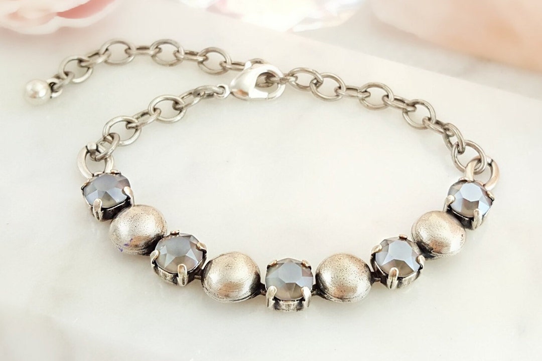 Gray Bracelet GOTH CHARCOAL CRYSTAL Light Grey Bracelet, Metallic Domed ...