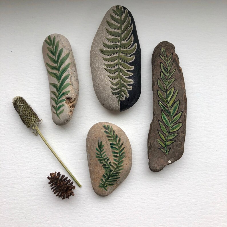 Decortive hand painted sticks and stones /// botanical art /// | Etsy