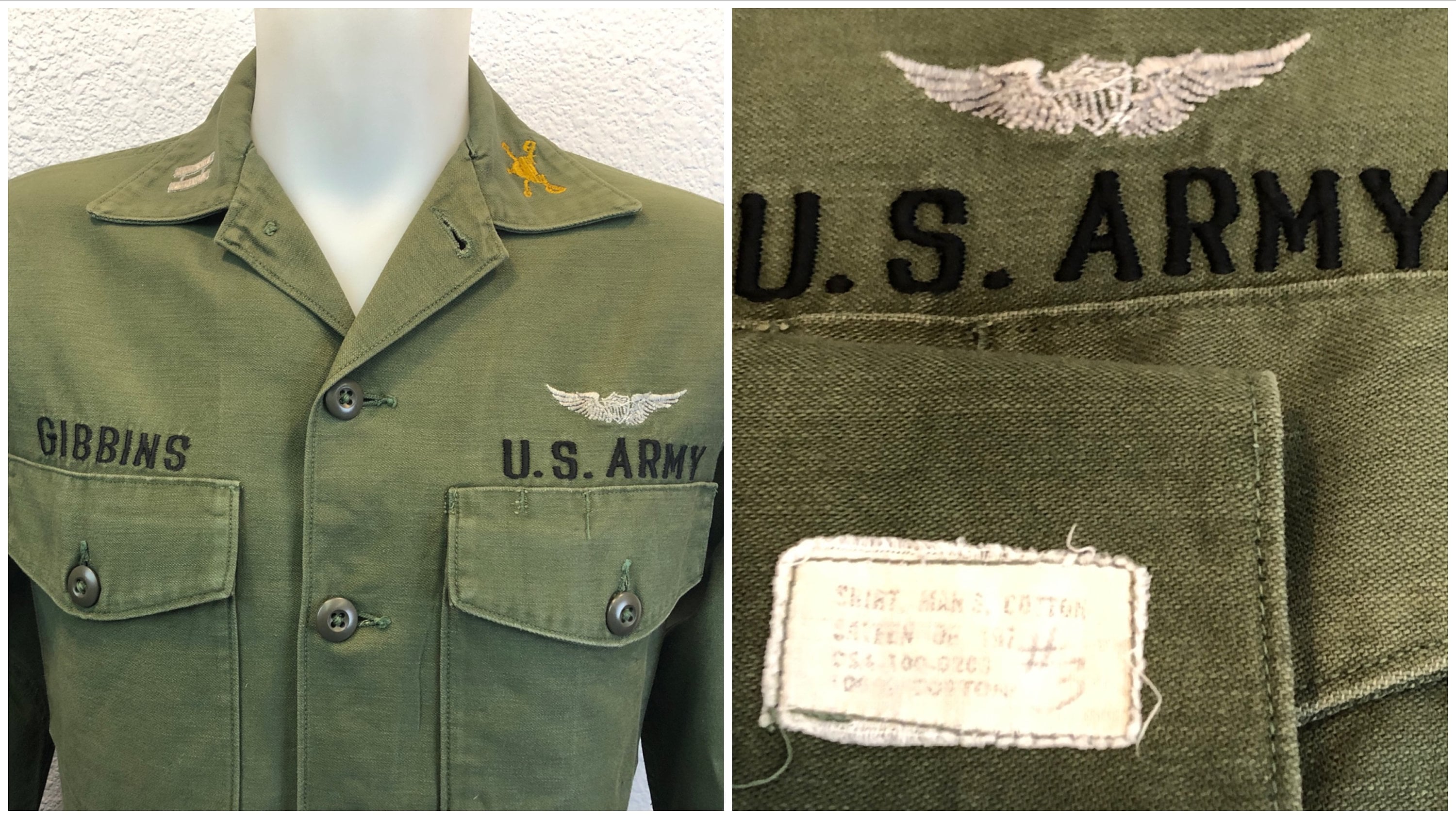 US Army 1960s-70s Vietnam War Pilot 1st Cav Named Officer OG-107 Shirt ...