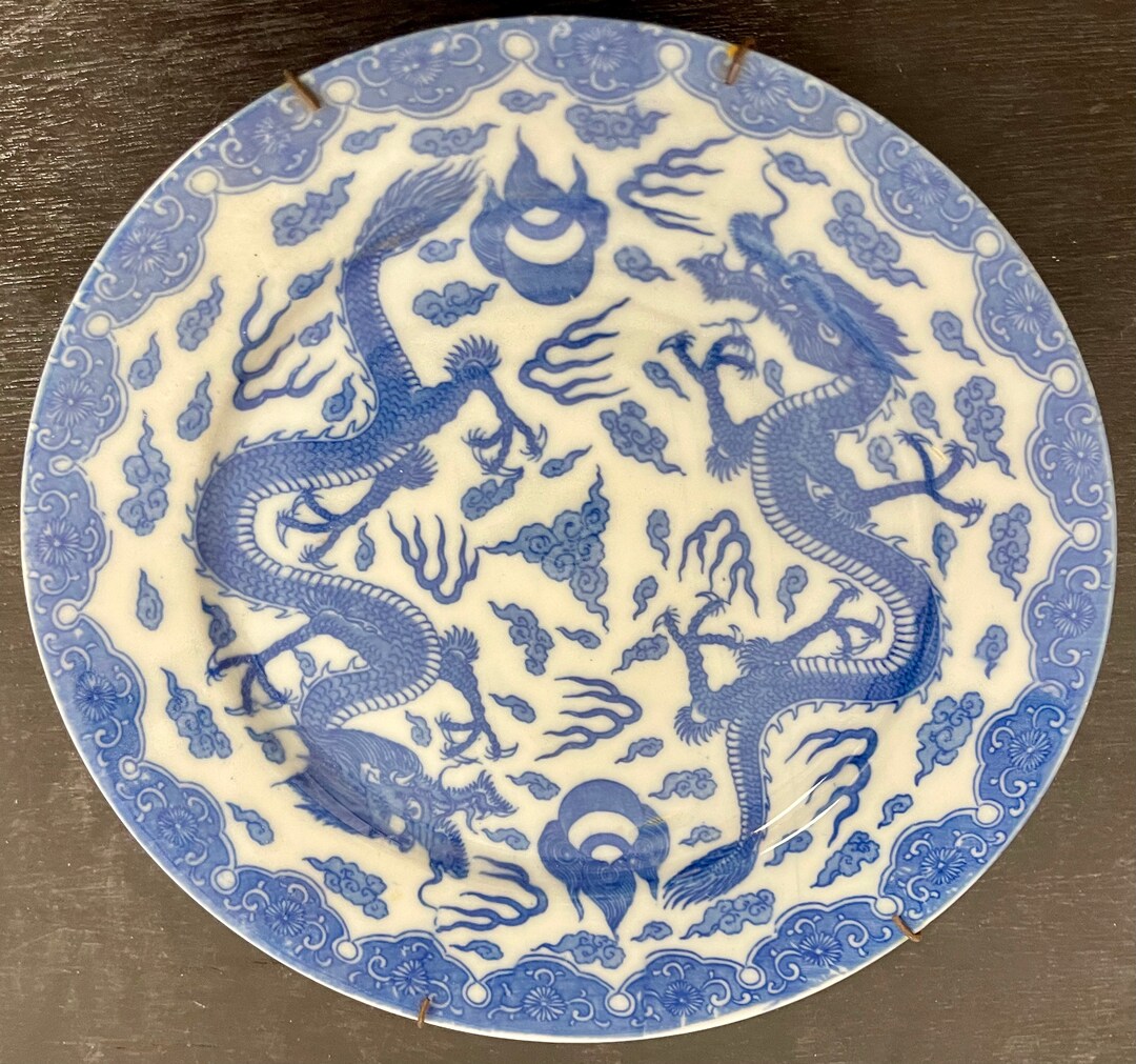 Vintage Blue and White Porcelain Dragon Plate Chinese Unknown Maker and ...