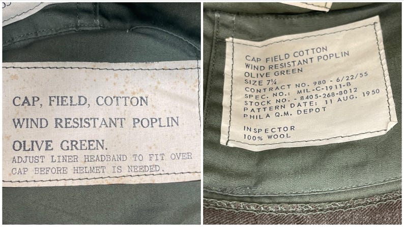 Vintage US Army 1950scotton Field Cap Olive Green With Wool Lined Ear ...