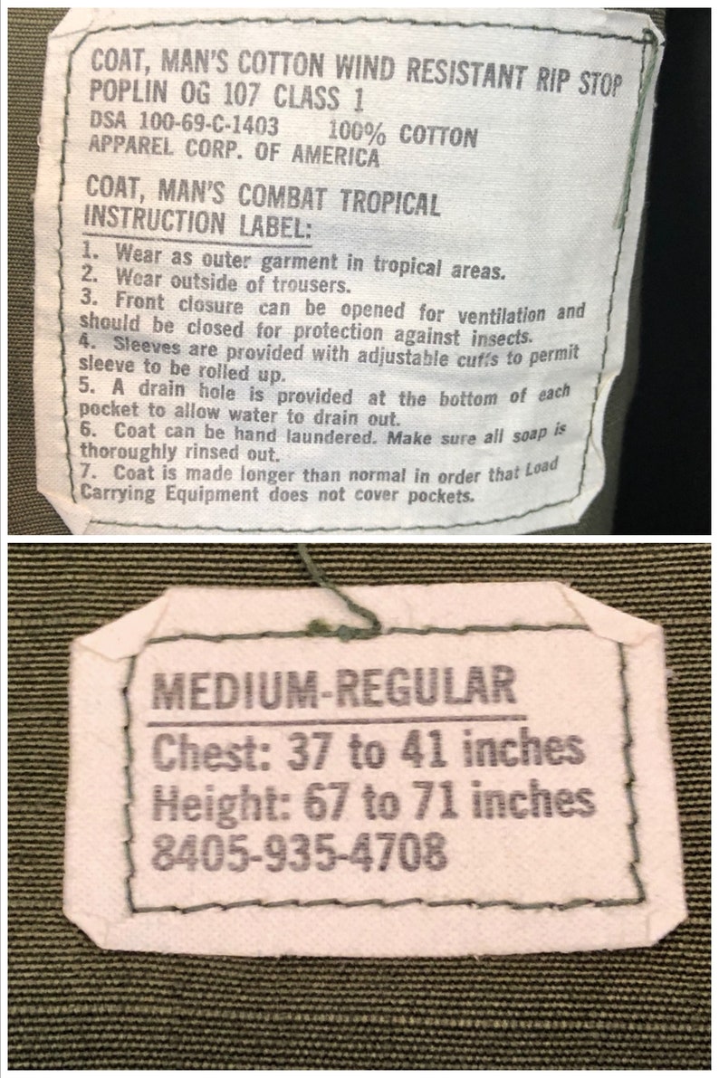 1969 US Army OG-107 Tropical Combat Coat Vietnam War Slant Pocket ...