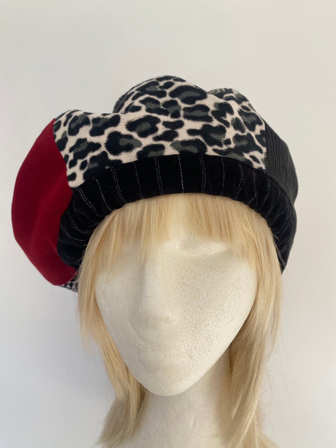 Coco Patchwork Beret/winter Cap: Black & White W. Red Pop - Etsy