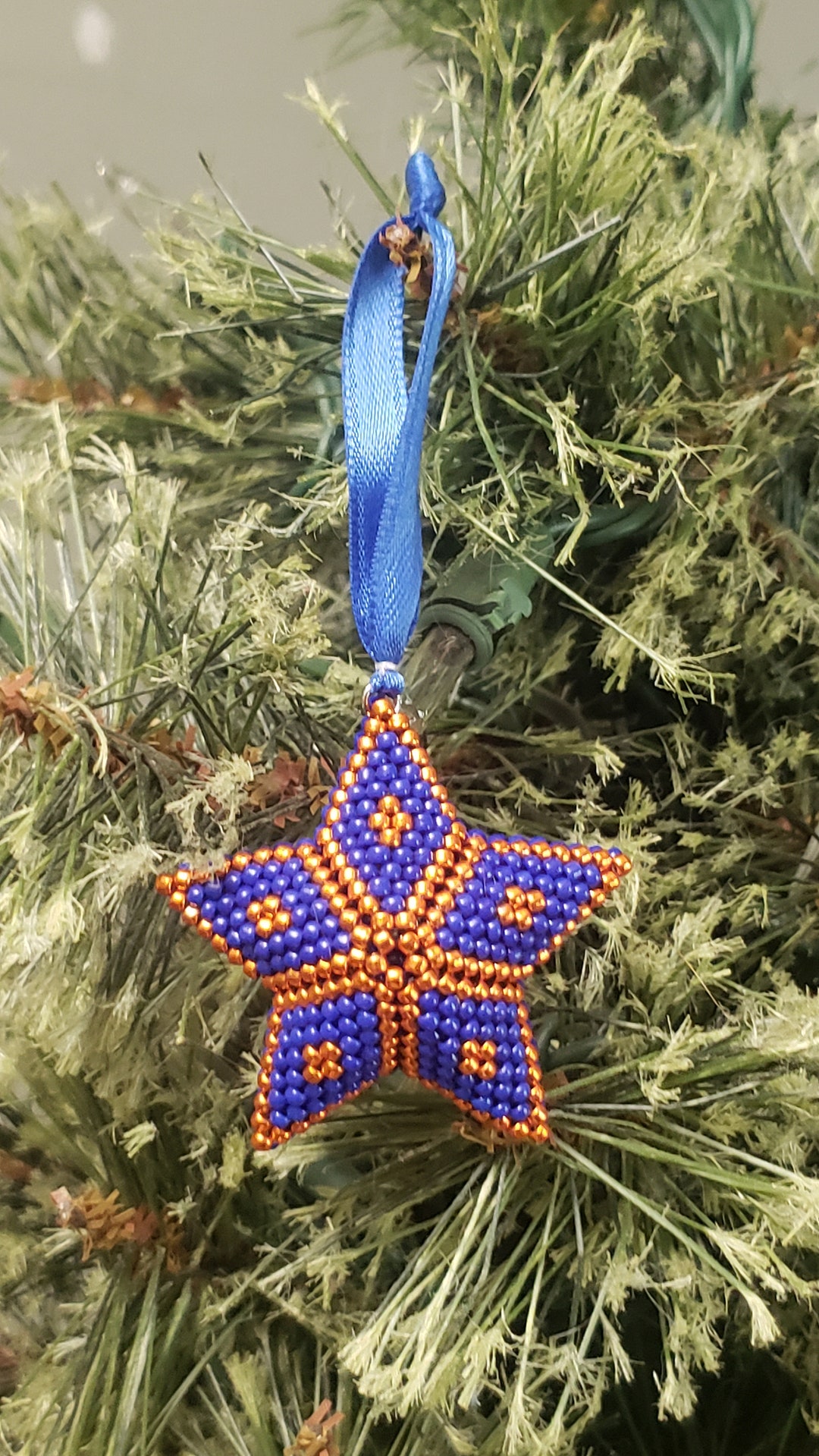 Handmade Seed Bead Star, Peyote Star, Christmas Star, Blue and Orange ...