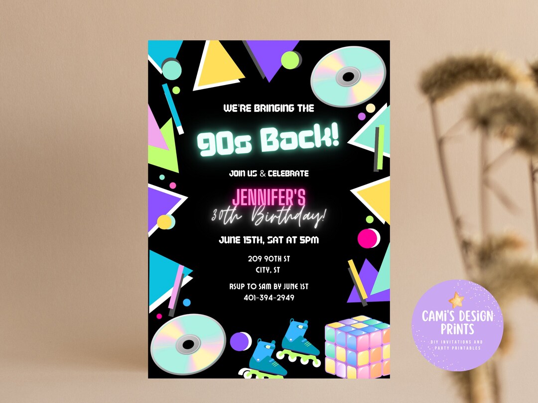 90s Party Invite, Neon Retro 1990s Rewind, Editable 90s Birthday Party ...
