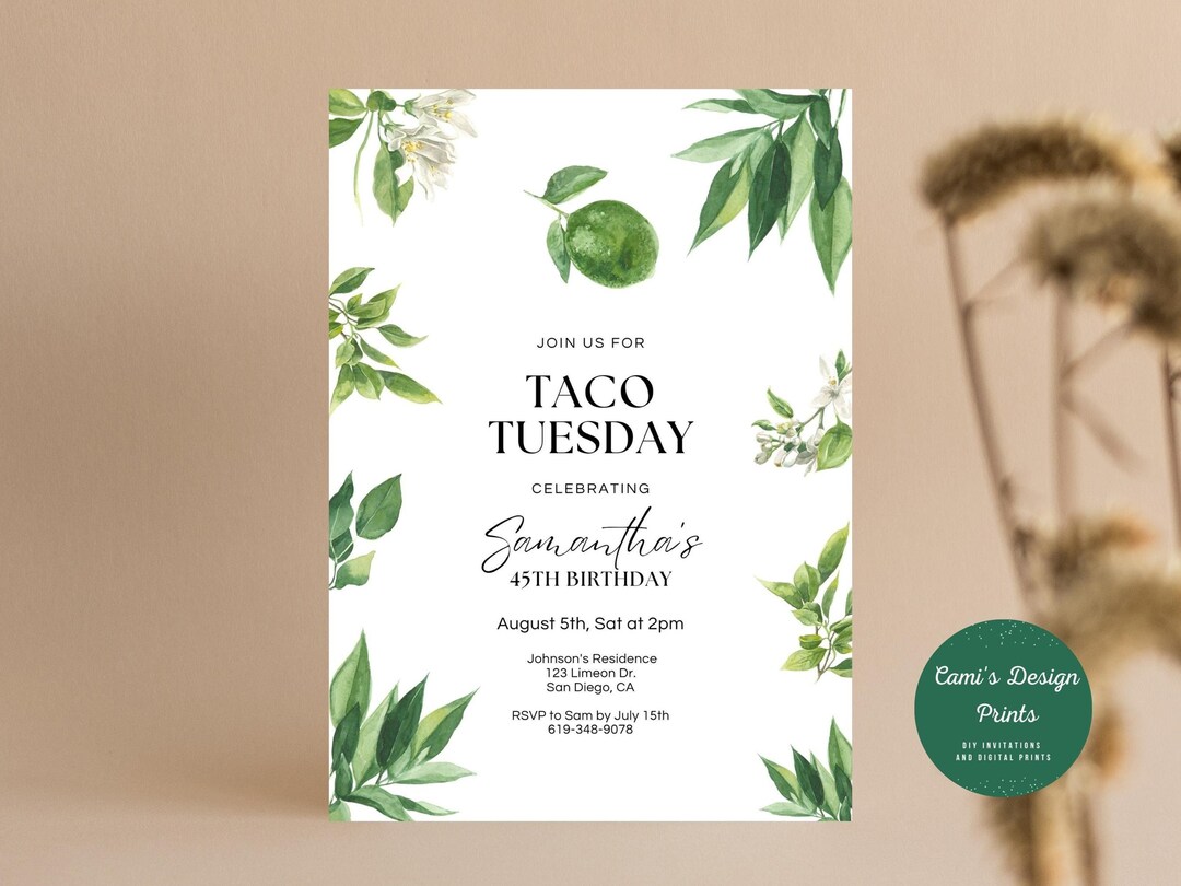 Taco Tuesday Birthday Invitation, Lime 45th Birthday Invitation ...