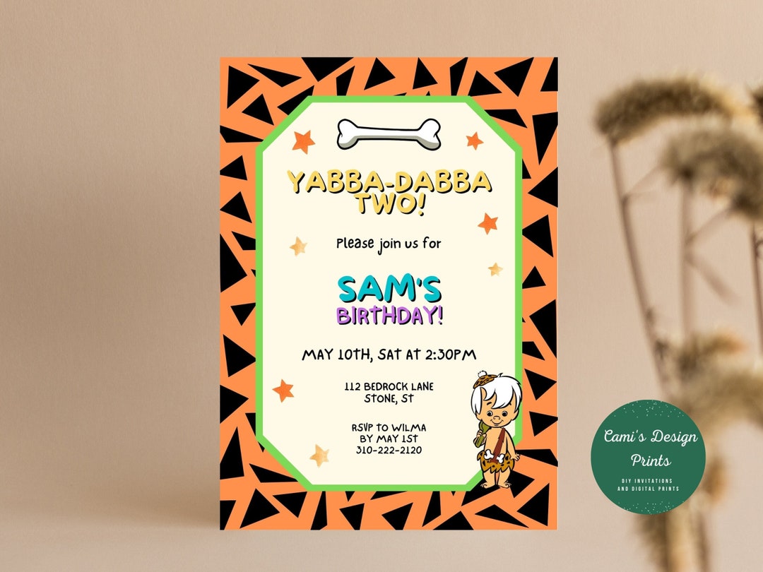 Bam 2nd Birthday Invitation, Yabba Dabba Two Birthday Invitation ...