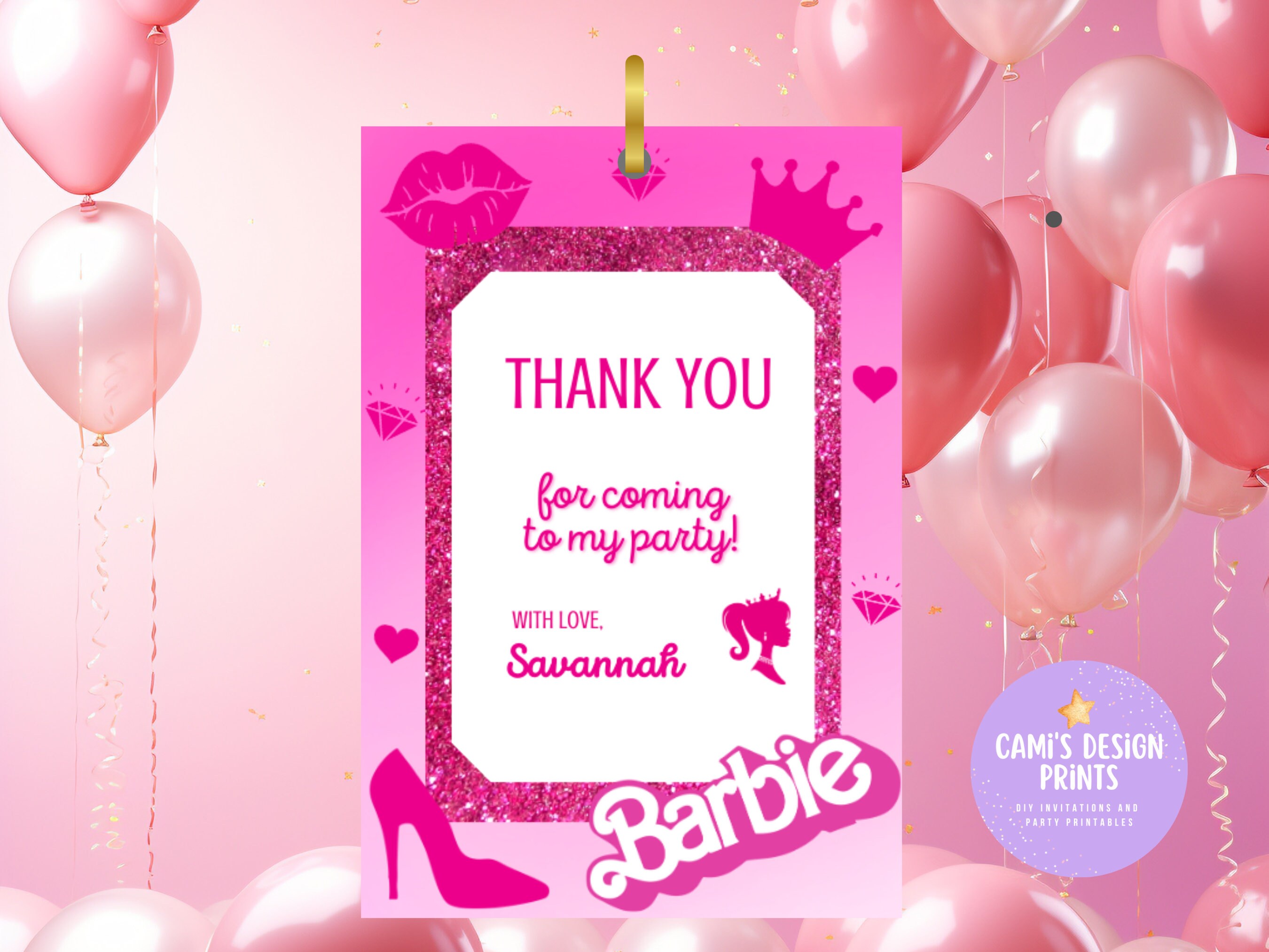 Editable Glitter Pink Doll Thank You Tag, Fashion Doll Party Favor ...
