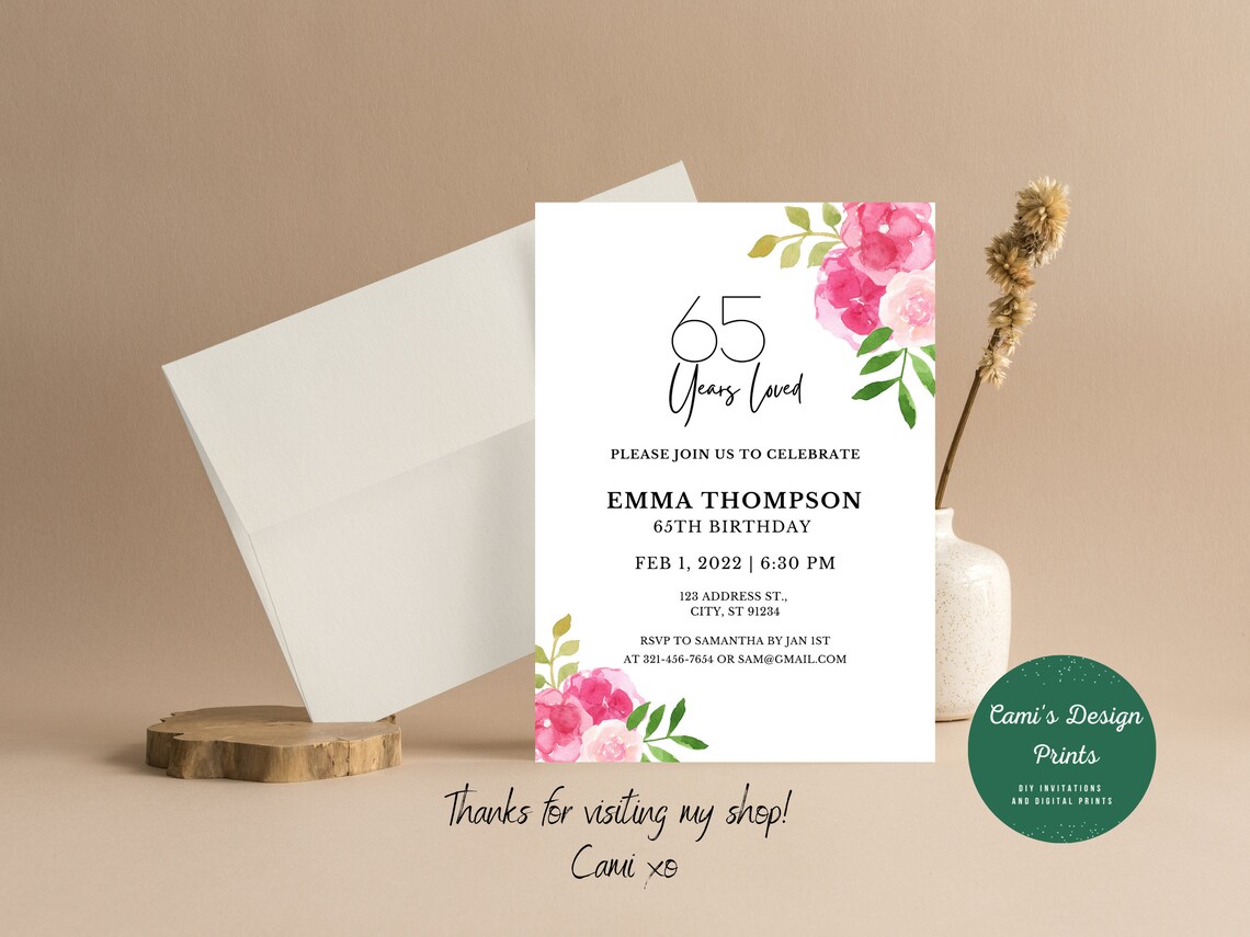 65th Birthday Invitation, 65th Birthday Party Invite, Floral 65th ...