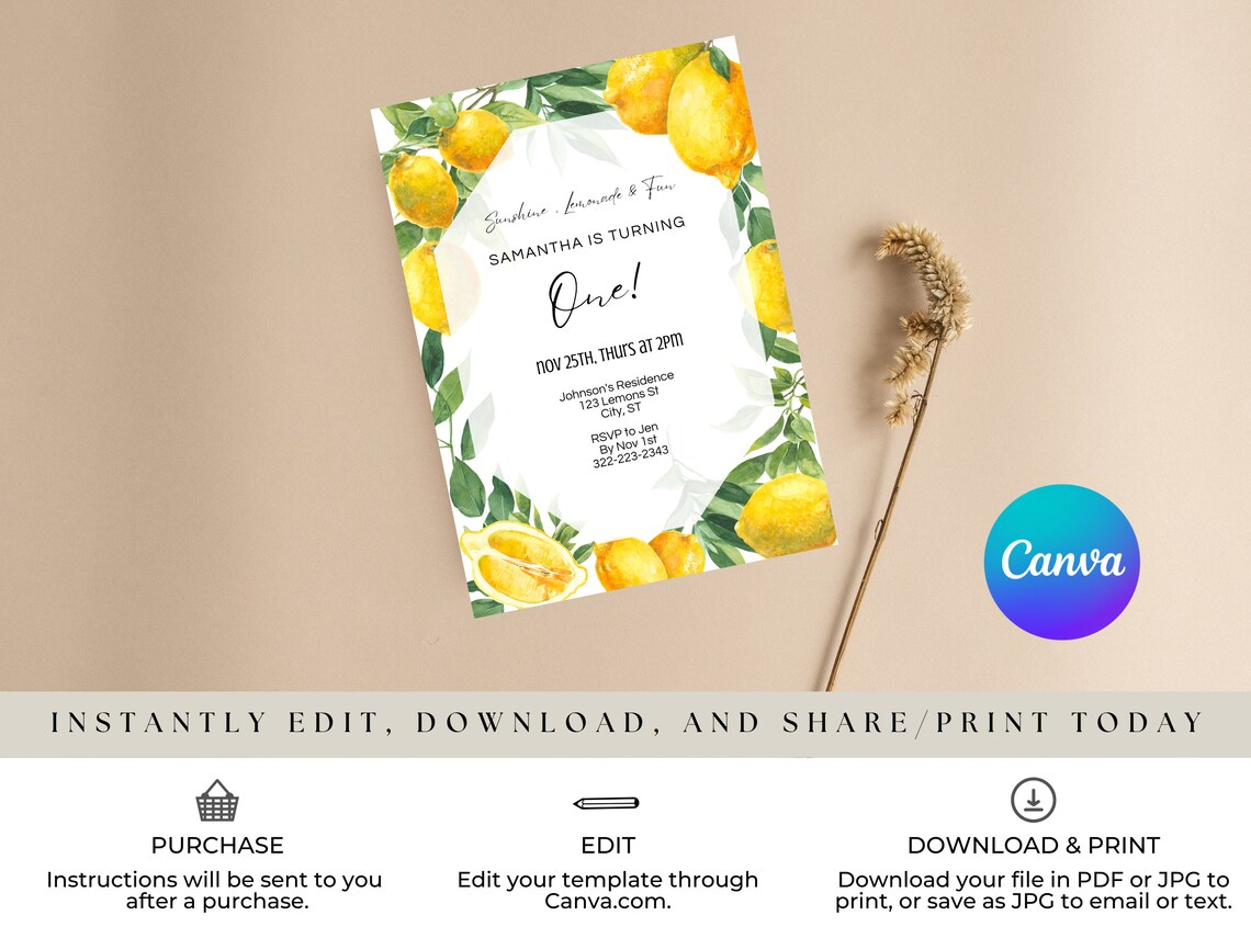 Editable Lemon Birthday Invitation, Sunshine Lemonade and Fun, Citrus ...