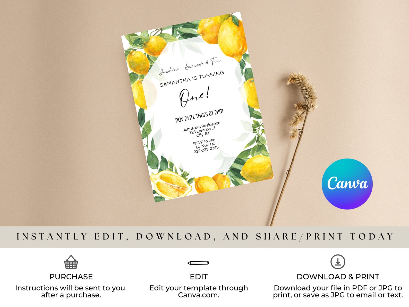 Editable Lemon Birthday Invitation, Sunshine Lemonade and Fun, Citrus ...