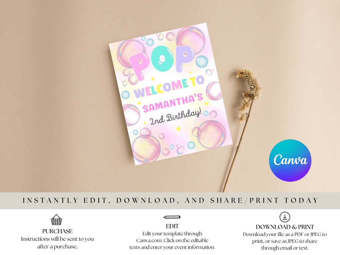 Bubbles Welcome Sign, Bubbles Party Sign, Instant Download, Editable ...