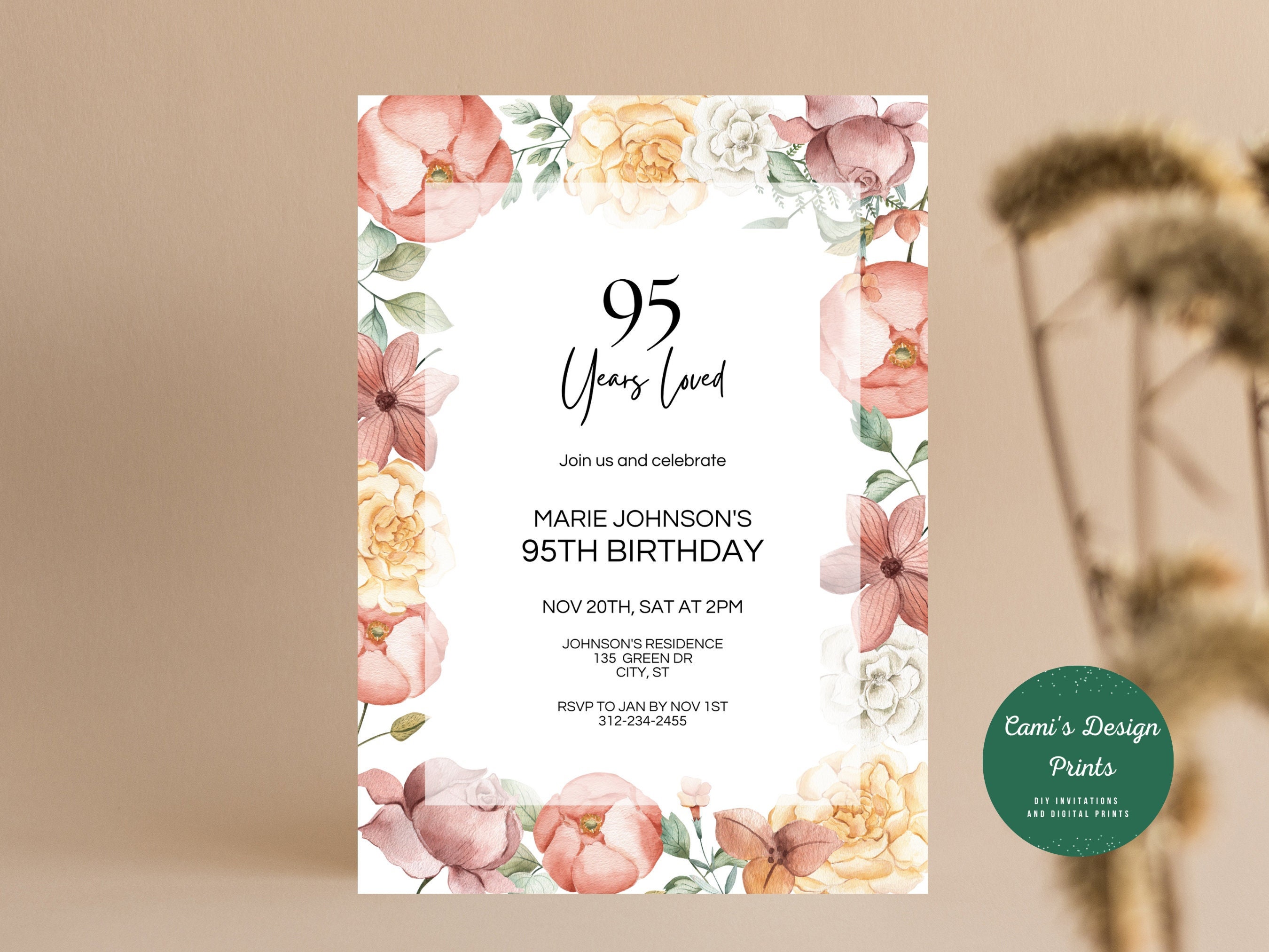 95th Party Invitation, Floral 95th Birthday Party Invitation, Flowers ...