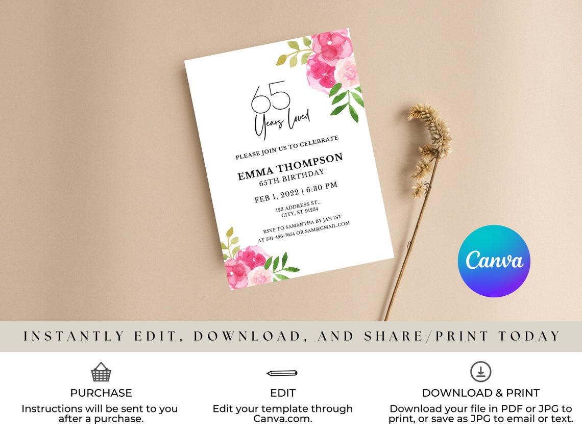 65th Birthday Invitation, 65th Birthday Party Invite, Floral 65th ...