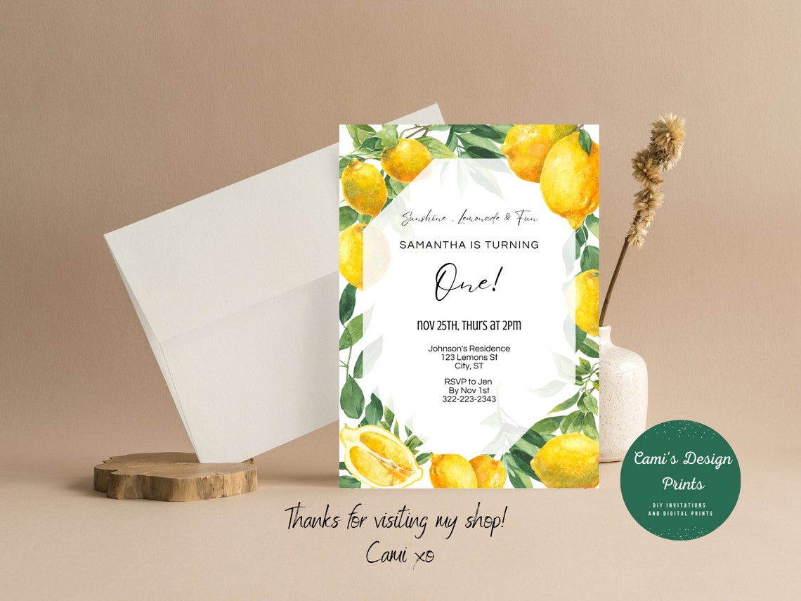 Editable Lemon Birthday Invitation, Sunshine Lemonade and Fun, Citrus ...