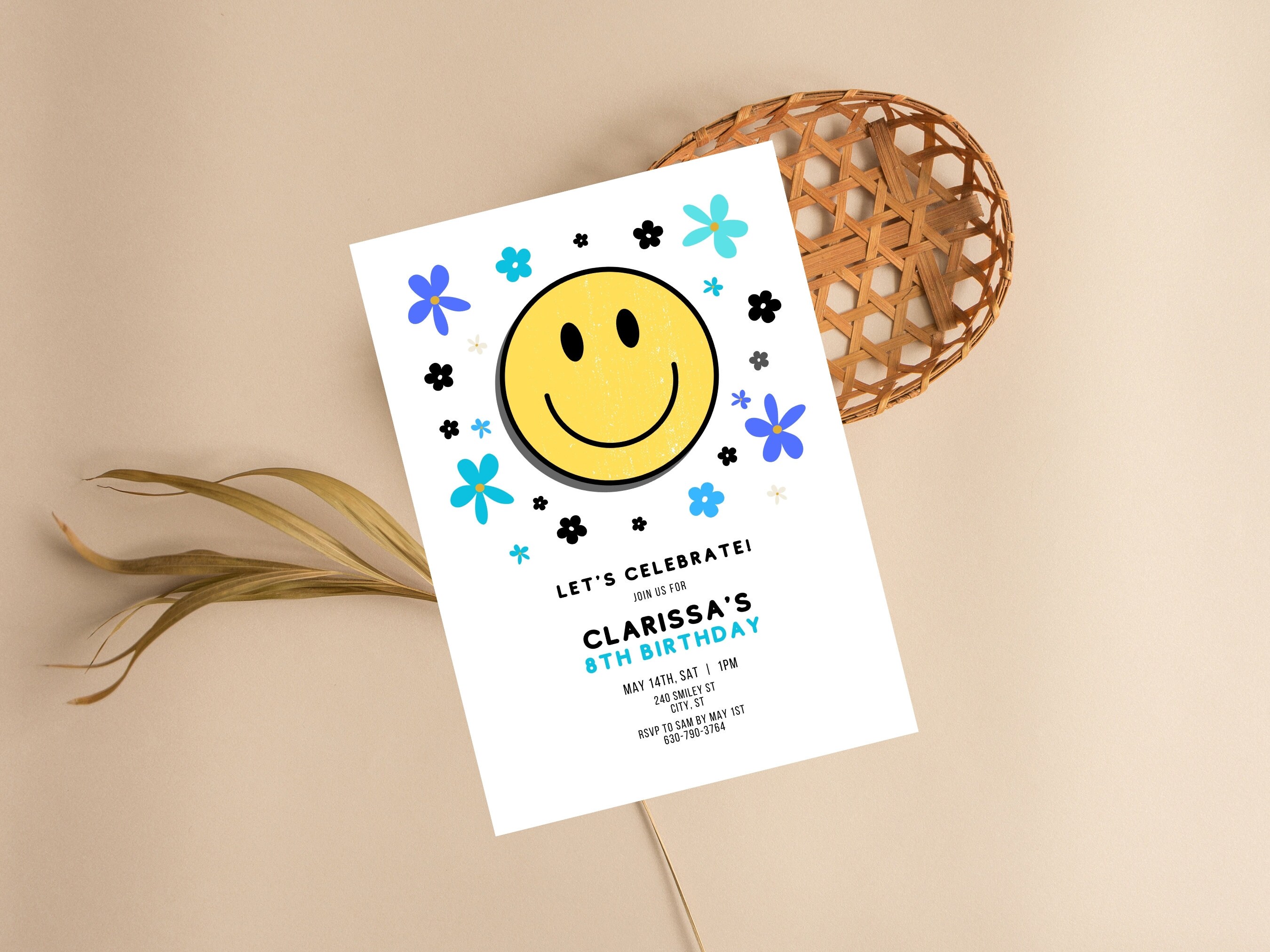Blue Smiley Face Birthday Invitation, Daisy Party Invite, Editable ...
