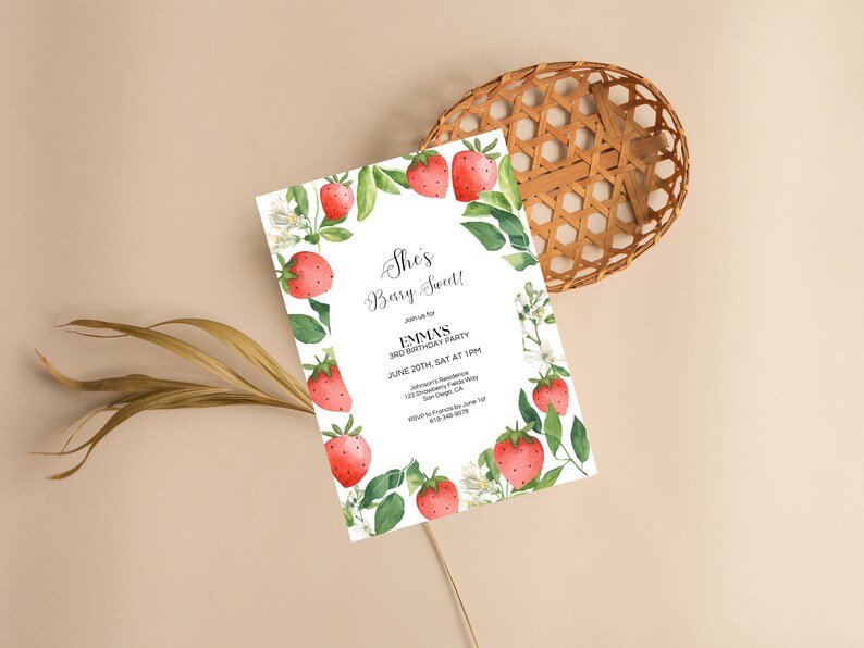 Editable Strawberry Birthday Invitation, Berry Sweet Party Invitation ...