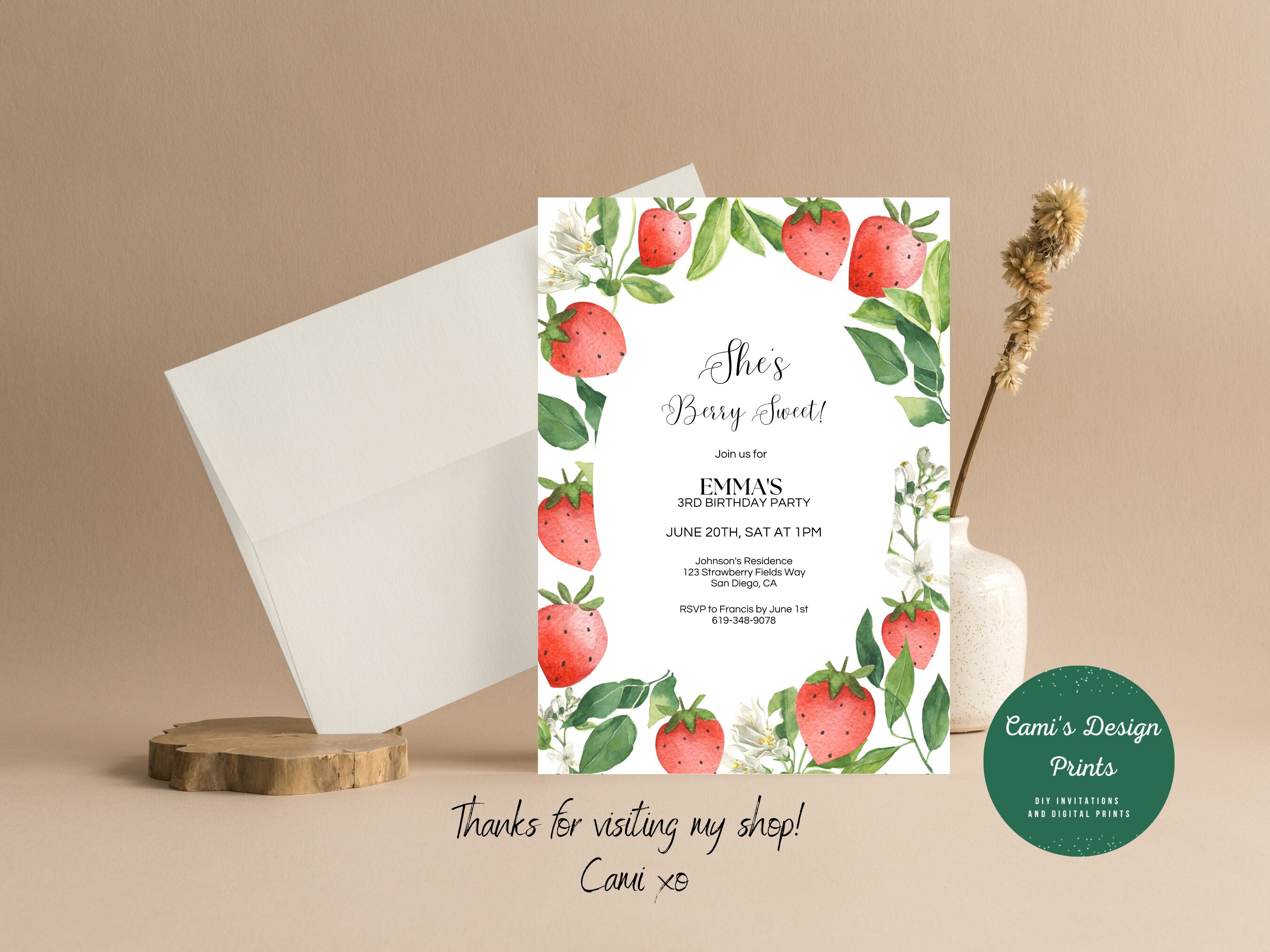 Editable Strawberry Birthday Invitation, Berry Sweet Party Invitation ...
