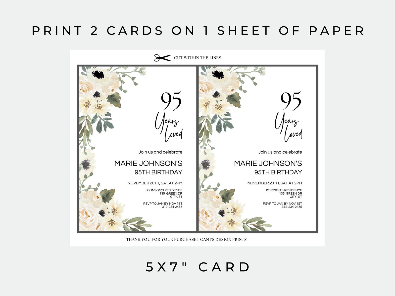 95th Birthday Invitation, Flowers 95th Birthday Party Invite, Floral ...
