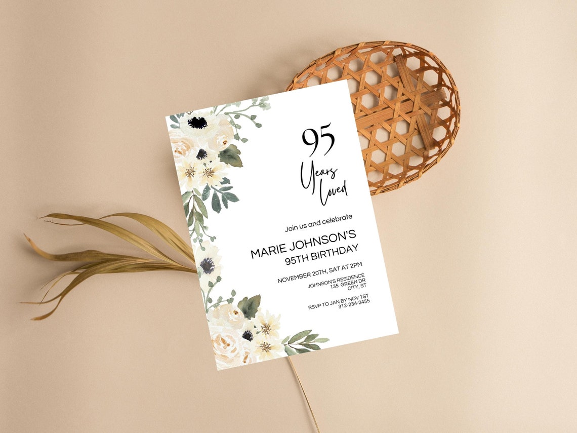 95th Birthday Invitation, Flowers 95th Birthday Party Invite, Floral ...