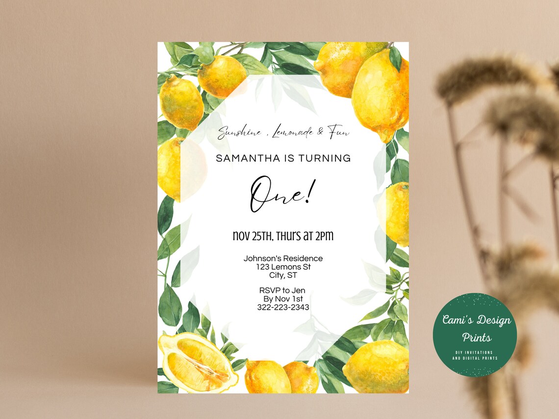 Editable Lemon Birthday Invitation, Sunshine Lemonade and Fun, Citrus ...