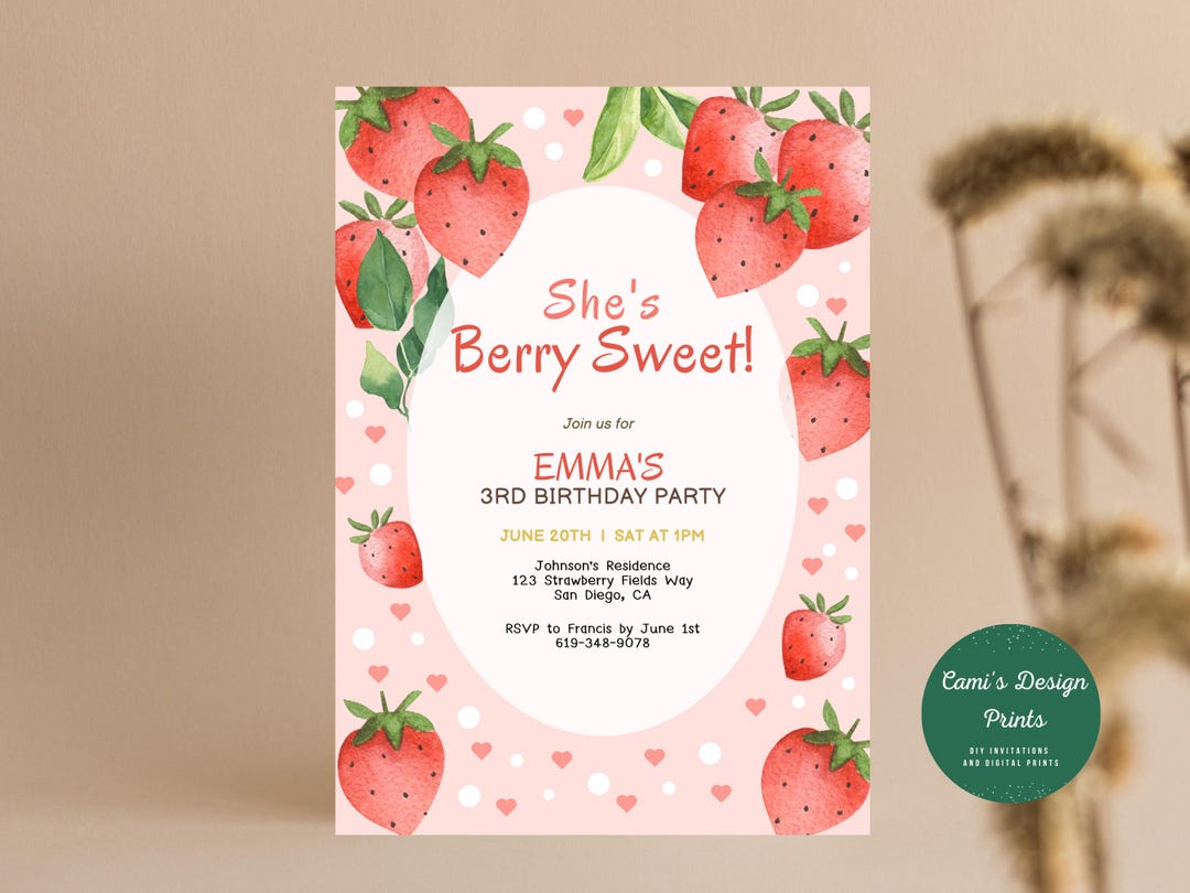 Editable Strawberry Birthday Invitation: Berry Sweet Party (printable ...