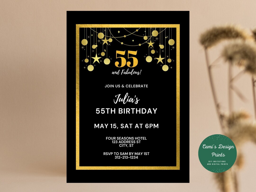 55th Birthday Invitation: Faux Gold Party Invite (instant Download) - Etsy
