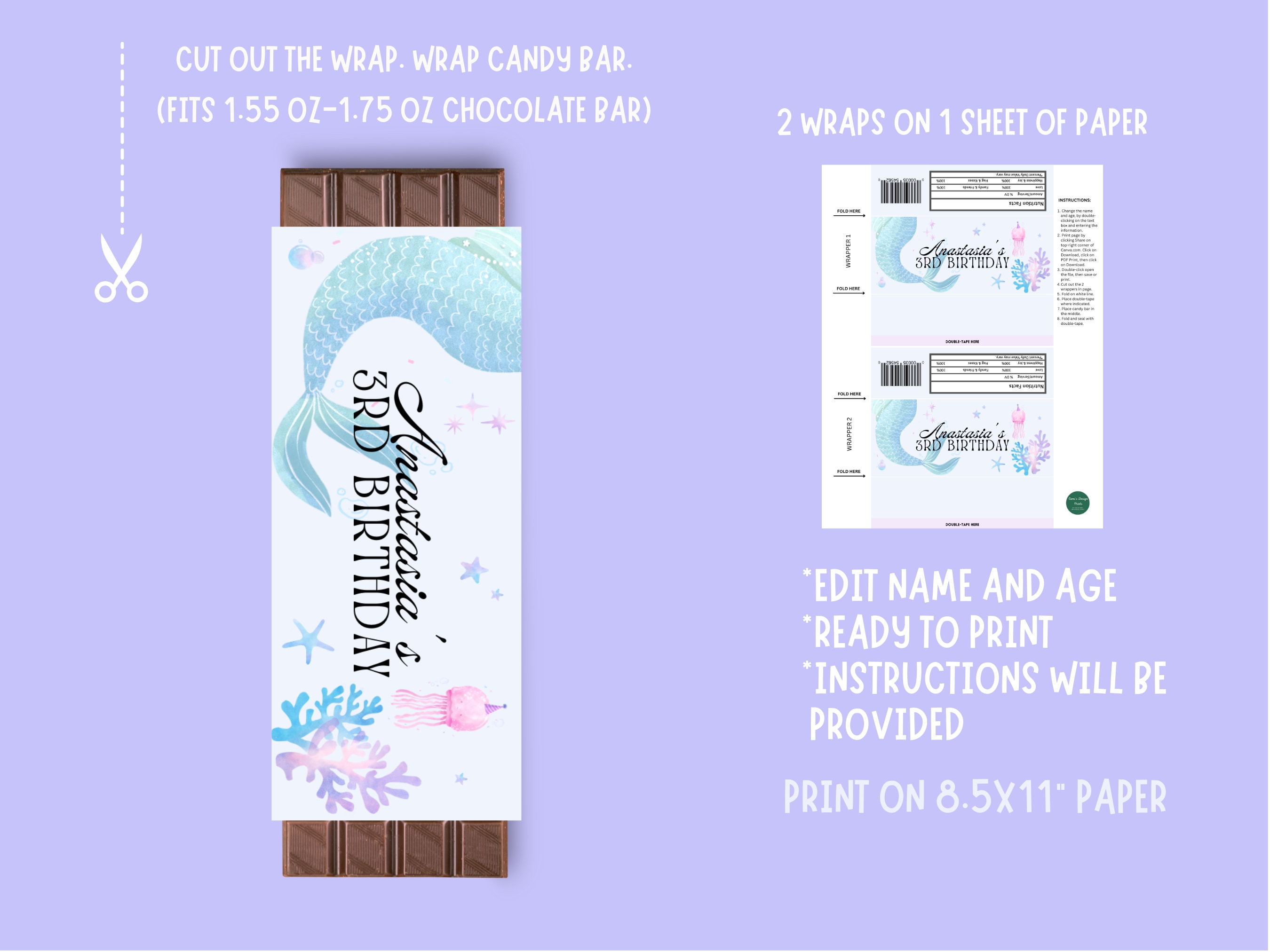 Mermaid Chocolate Bar Wrapper, Mermaid Party Favor, Mermaid Candy Wrap ...