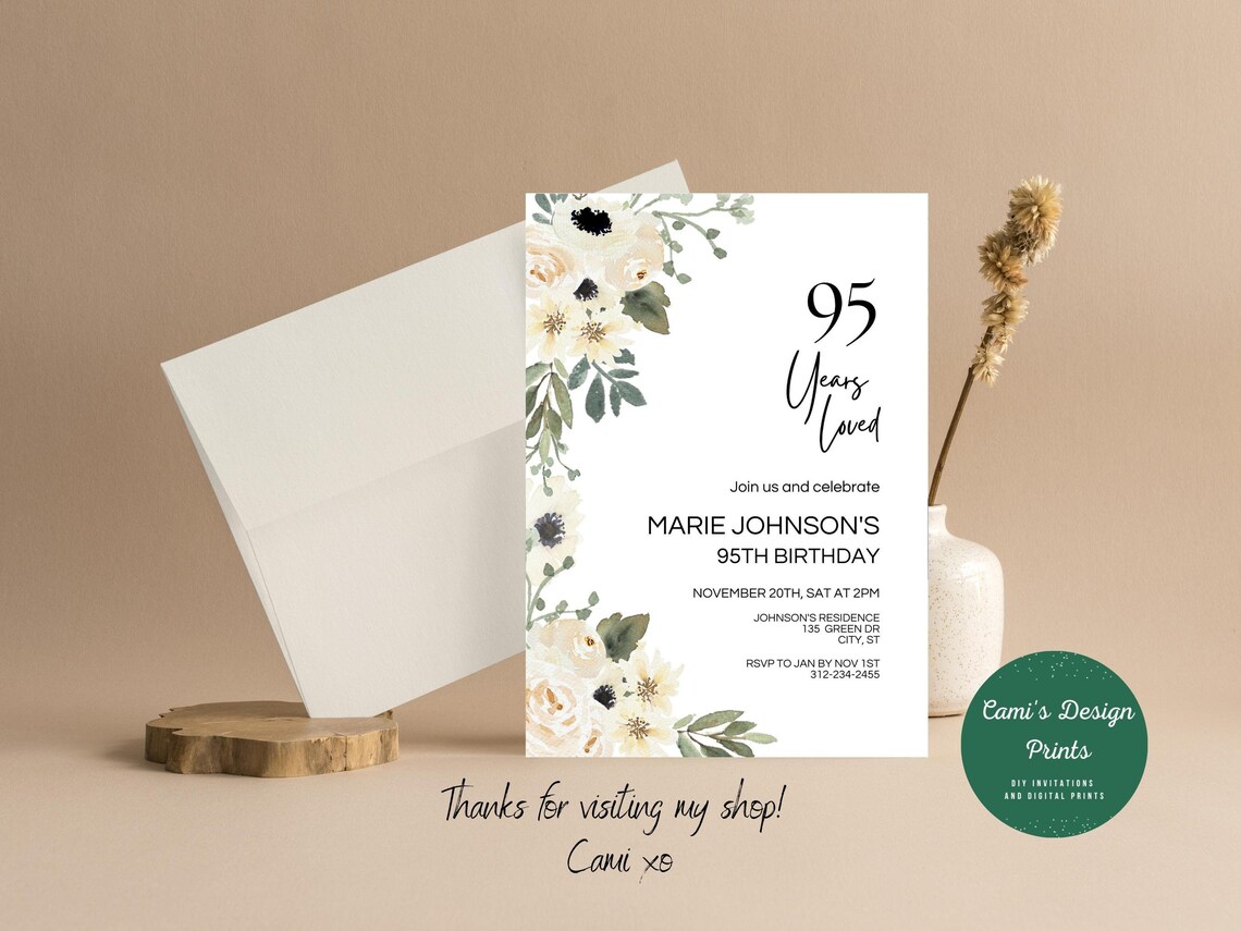 95th Birthday Invitation, Flowers 95th Birthday Party Invite, Floral ...