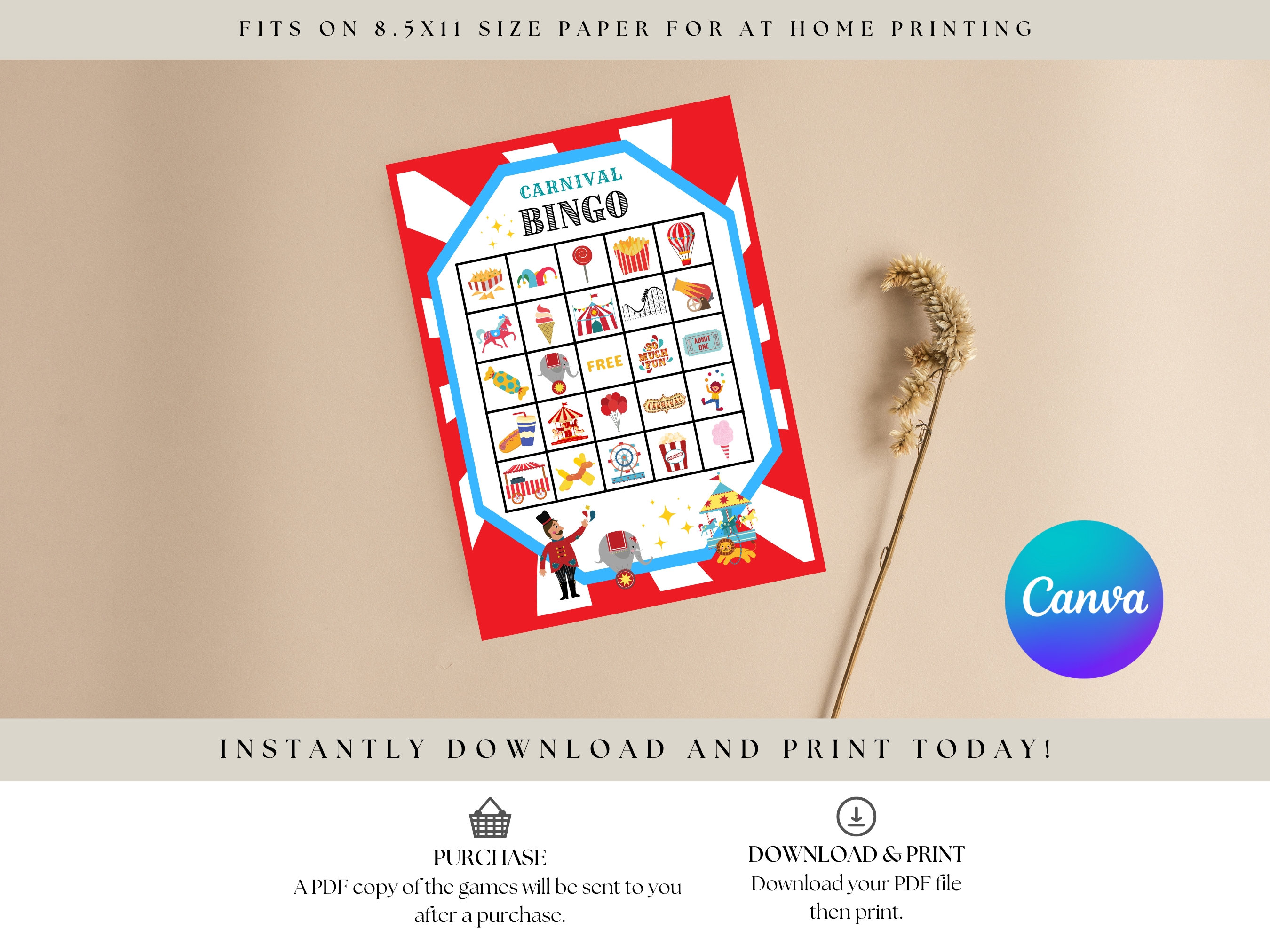 Carnival Bingo Game, Carnival Party Games, Circus Printable Bingo ...