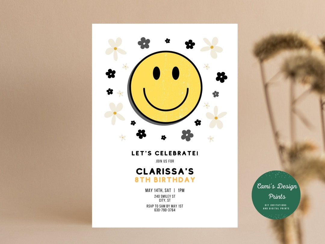 Yellow Smiley Face Birthday Invitation, Daisy Party Invite, Editable ...