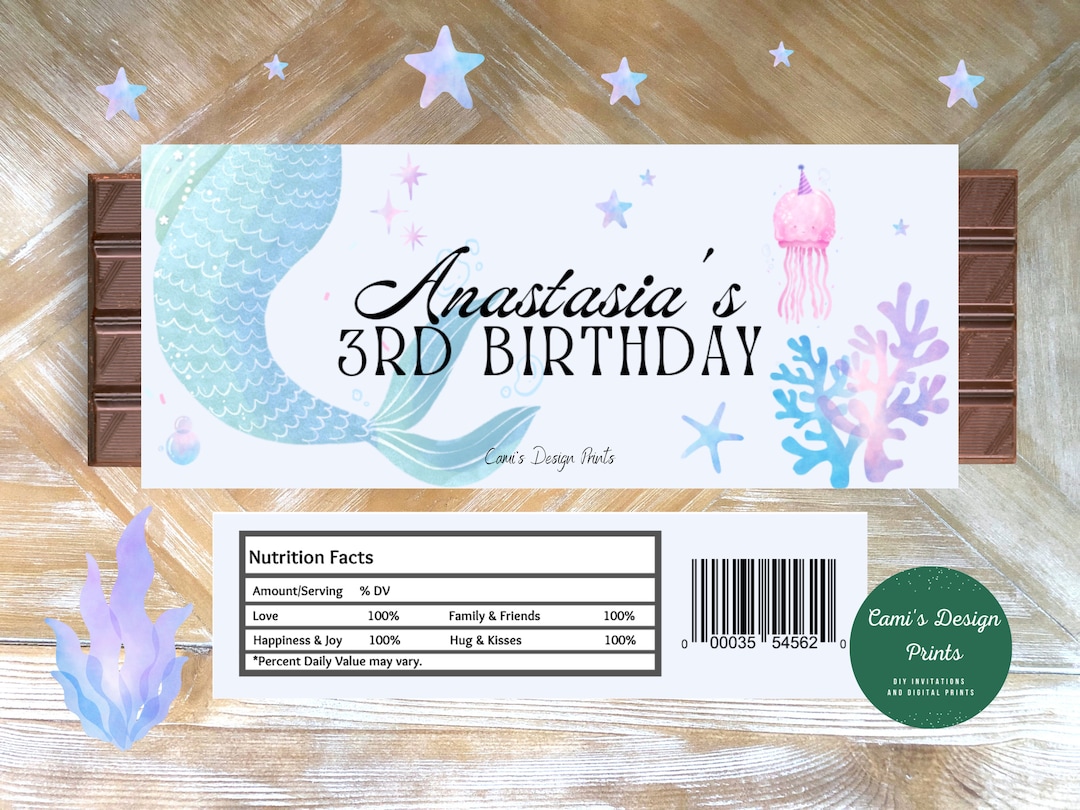 Mermaid Chocolate Bar Wrapper, Mermaid Party Favor, Mermaid Candy Wrap, Under the Sea Birthday ...