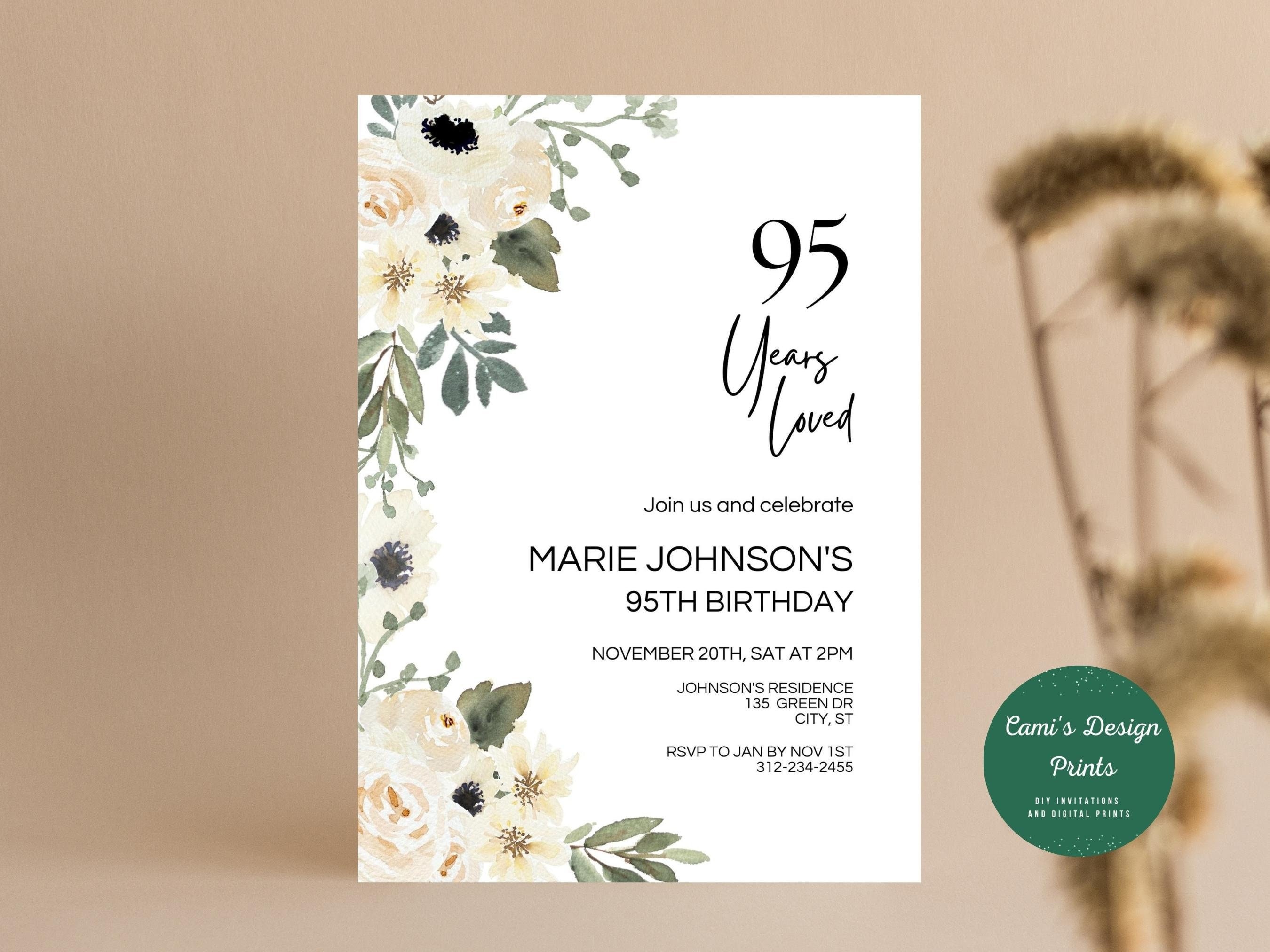 95th Birthday Invitation, Flowers 95th Birthday Party Invite, Floral ...