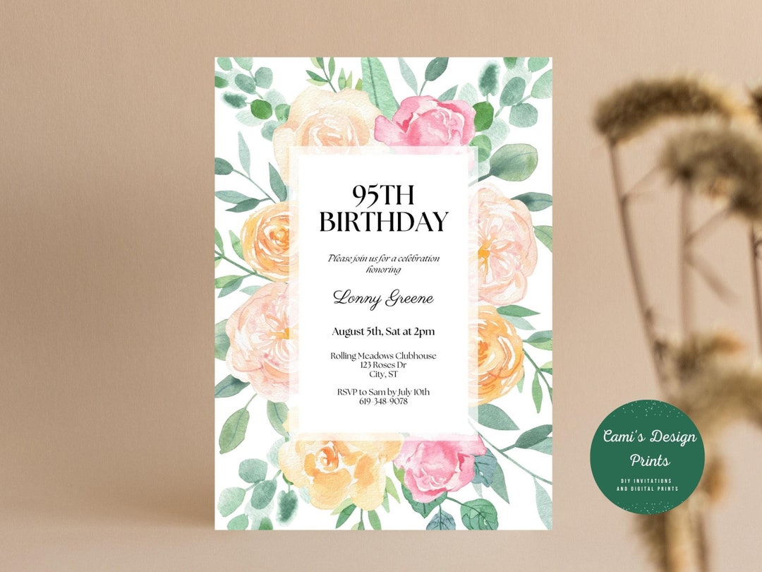 95th Birthday Invitation, Roses 95th Birthday Party Invite, Roses 95th ...