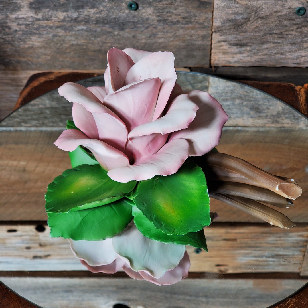 Capodimonte Porcelain Pink Rose on Leaf and Stem - Etsy