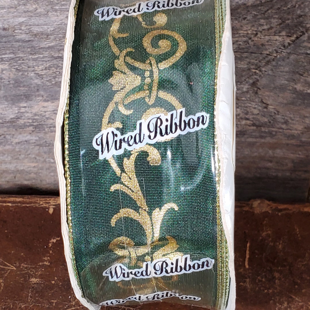 Vintage Offray Wired Victorian Scroll Ribbon - Satin - Green & Gold ...