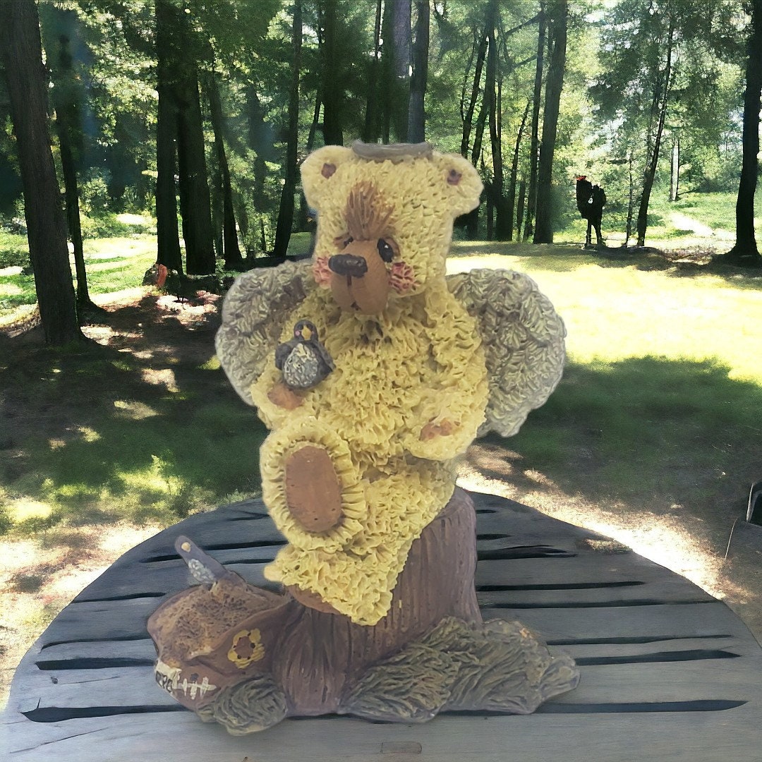 Shelly Bears & Co. 1998 Angel Bear Figurine Sitting on Stump, Holding ...