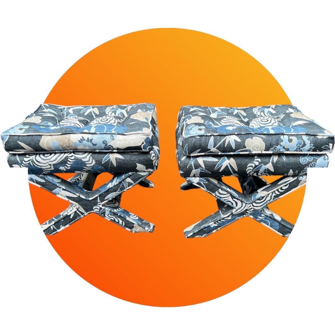 Incredible PAIR Vintage X Base Chinoiserie Ottomans With All New Fabric ...