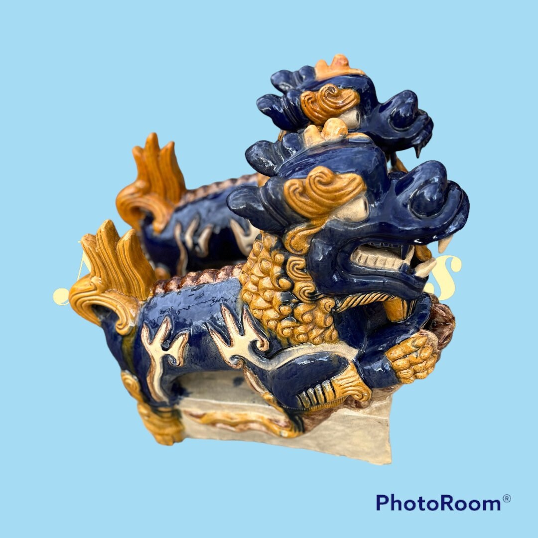 Incredible Huge Vintage Foo Dogs / Guardian Lions - Rare Deep Blue ...