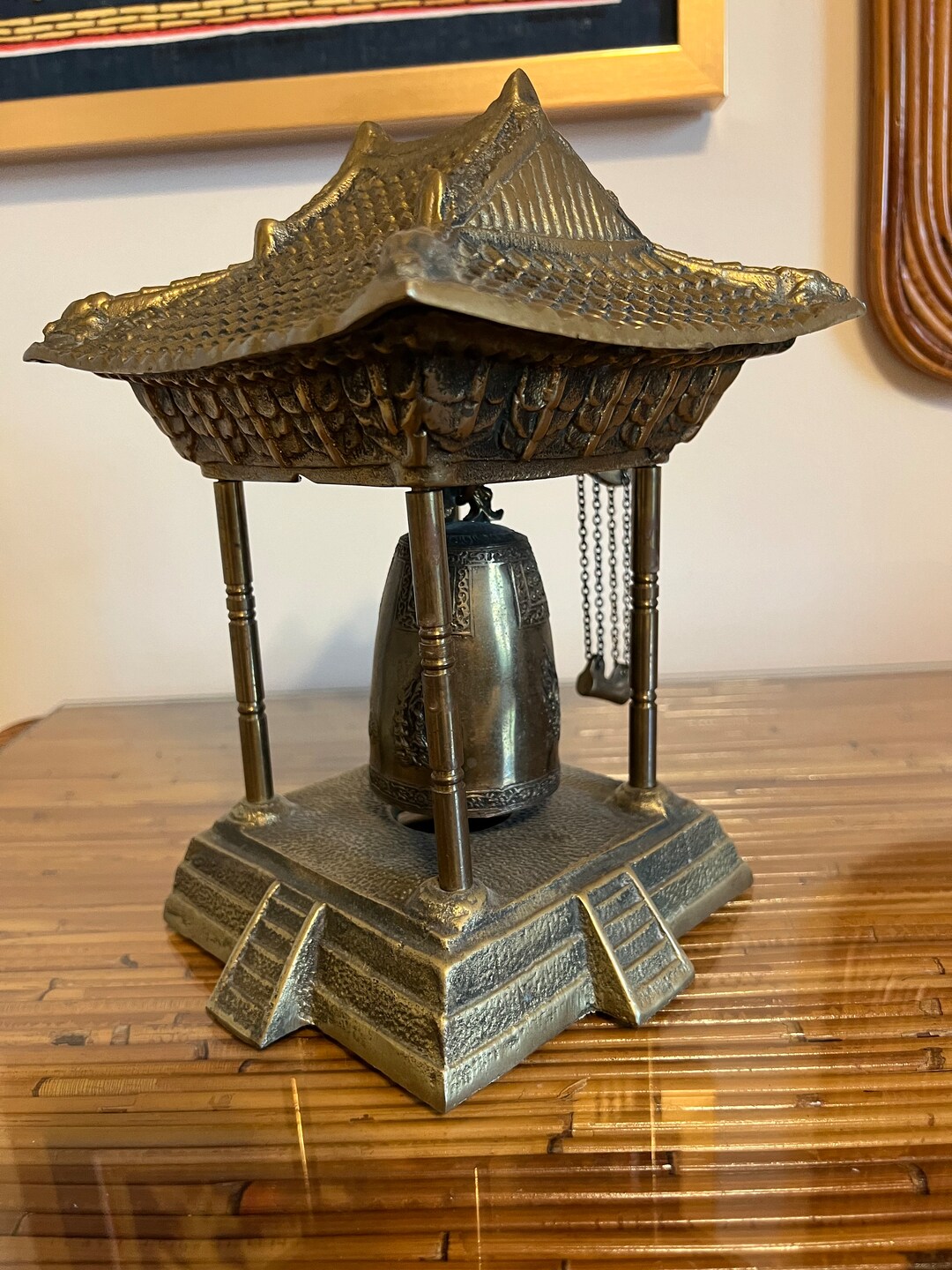 Vintage Oriental Solid Brass Gong Bell Prayer Pagoda Temple With Brass ...
