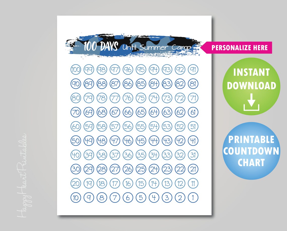 100 Day Countdown Printable 100 Days Chart - Etsy